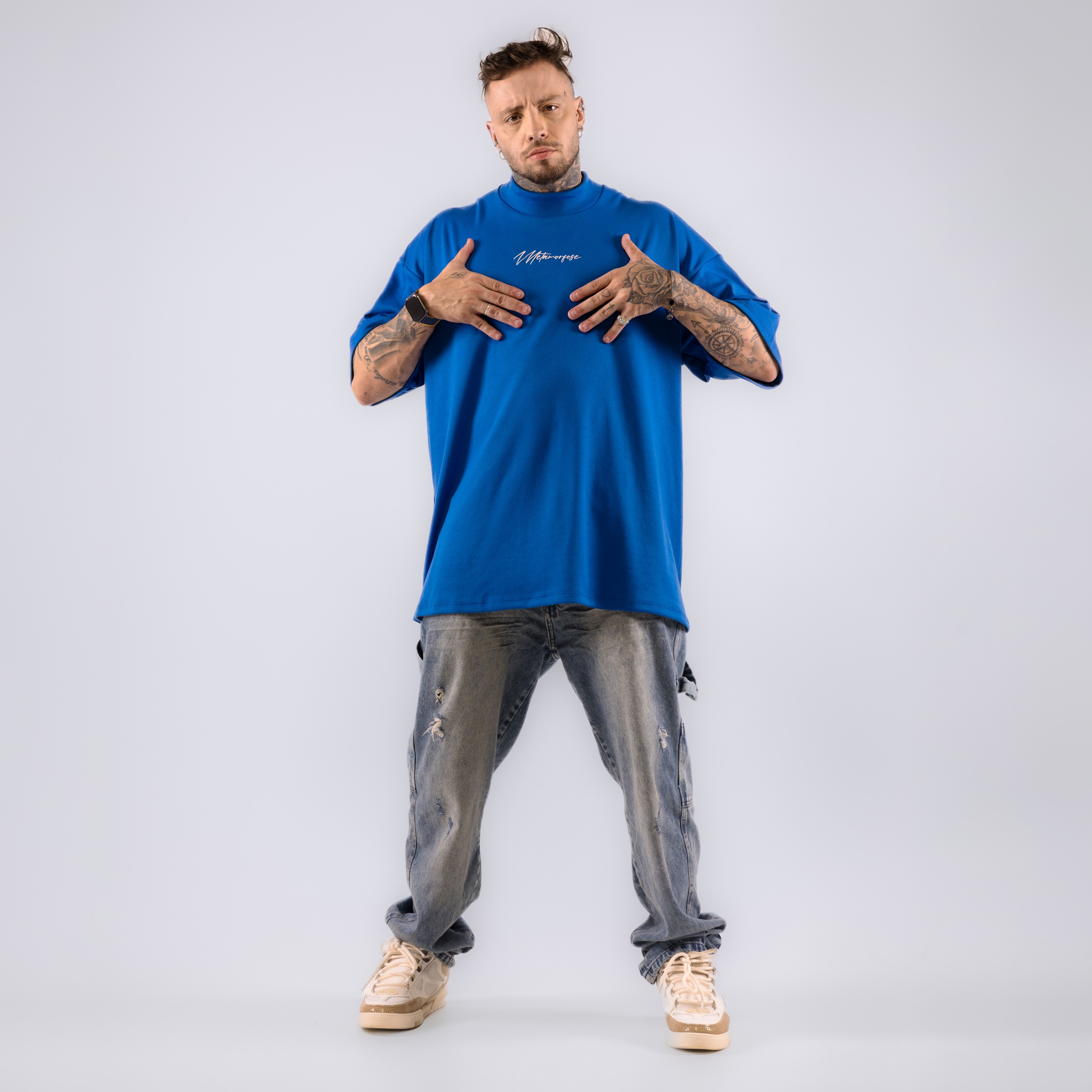 Camiseta Oversized Heavy Gola Alta Signature Azul - Metamorfose Brasil