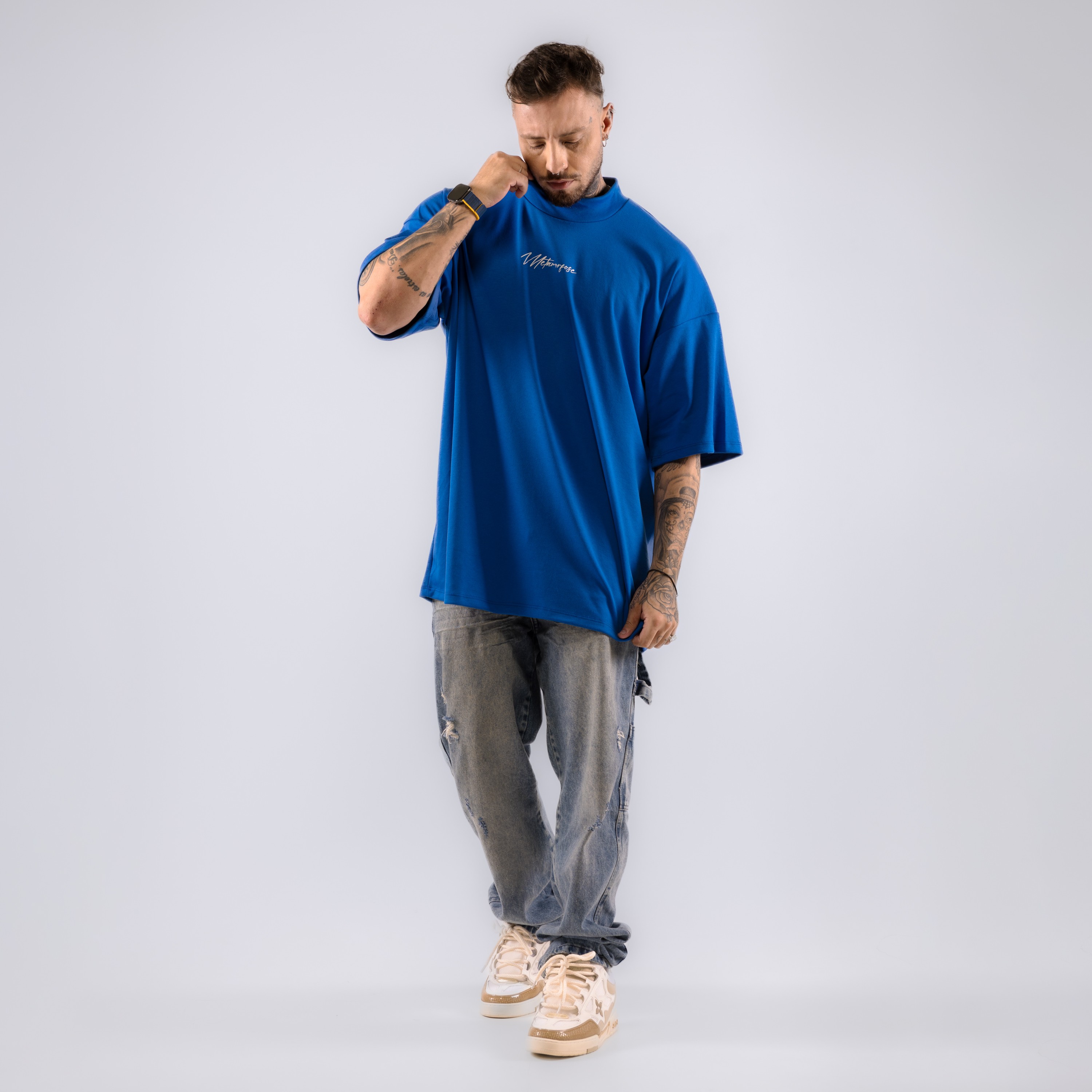 Camiseta Oversized Heavy Gola Alta Signature Azul - Metamorfose Brasil