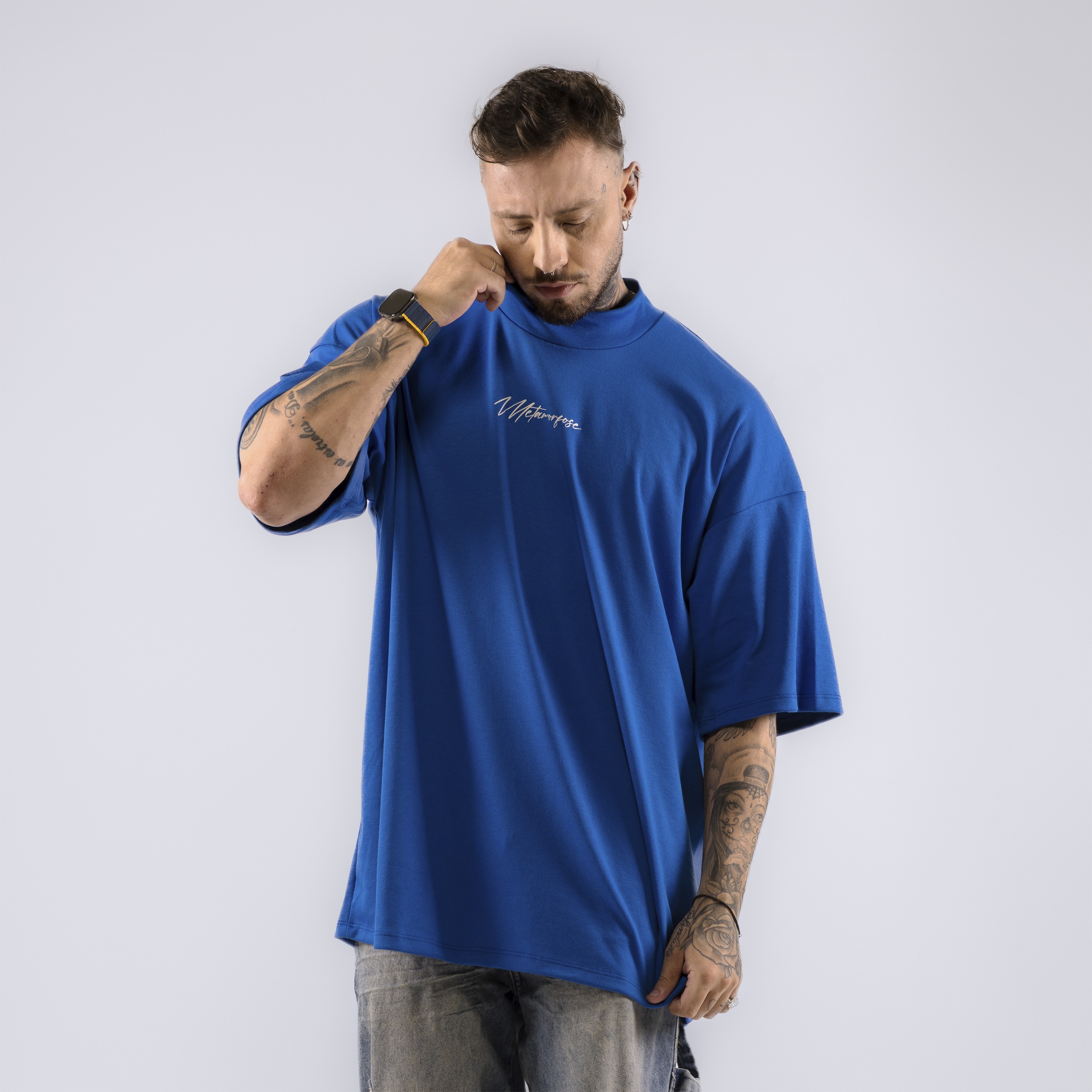 Camiseta Oversized Heavy Gola Alta Signature Azul - Metamorfose Brasil
