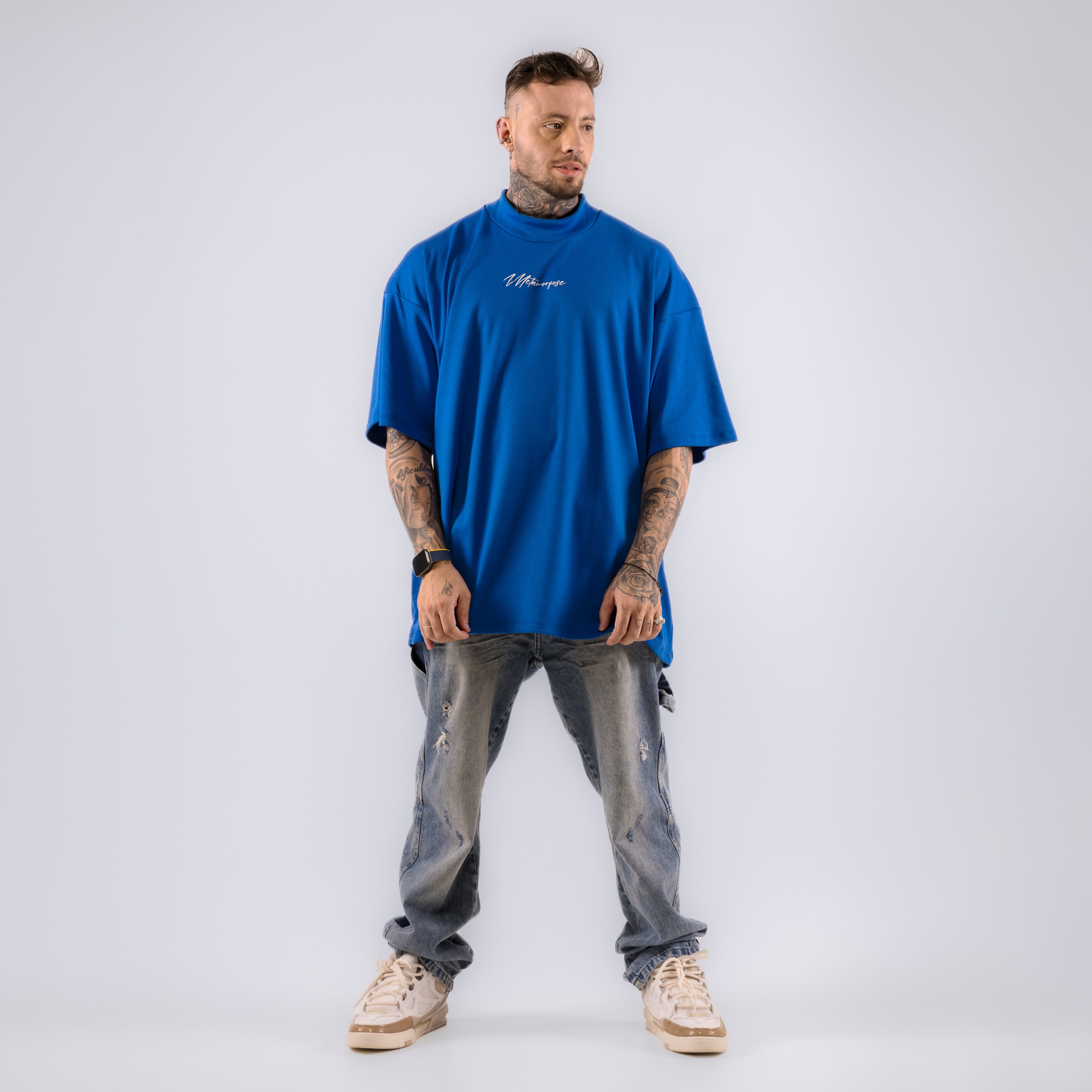 Camiseta Oversized Heavy Gola Alta Signature Azul - Metamorfose Brasil